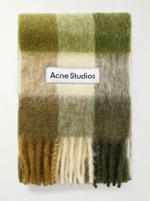 Acne Studios Fringed Checked Brushed Alpaca, Wool And Mohair-blend Scarf - Green