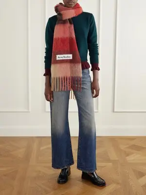 Acne Studios Fringed Checked Brushed Alpaca, Wool And Mohair-blend Scarf - Red