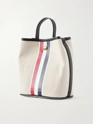 Thom Browne Striped Leather-trimmed Canvas Bucket Bag - Neutrals