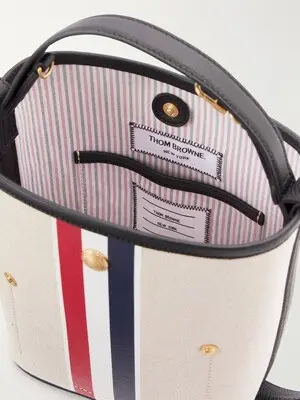 Thom Browne Striped Leather-trimmed Canvas Bucket Bag - Neutrals