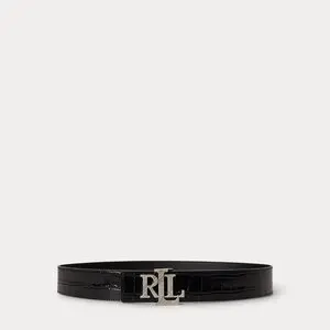 Ralph Lauren Logo Reversible Croc-embossed Wide Belt - Black