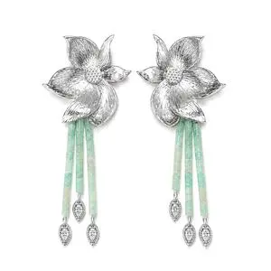 AUROZIA Lotus Within Rhodium Plated Detachable Blooming Lotus Drop Amazonite Tassel Earrings - Silver