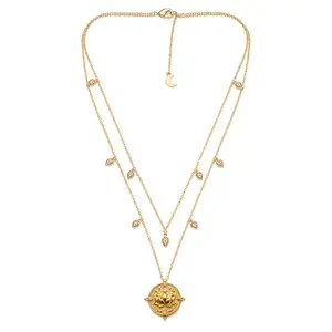 AUROZIA Lotus Within Vermeil Detachable Double Layer Lotus Drop Coin Necklace - Gold