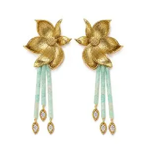 AUROZIA Lotus Within Plated Detachable Blooming Lotus Drop Amazonite Tassel Earrings - Gold