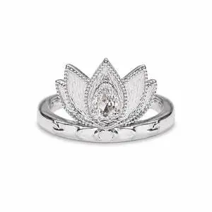 AUROZIA Lotus Within Rhodium Plated Sterling Blooming Lotus Drop Adjustable Open Ring - Silver