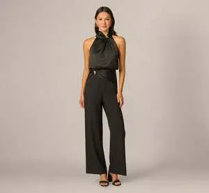 Adrianna Papell Satin Brooch Halter Combo Jumpsuit - Black