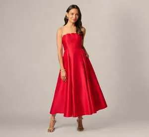 Adrianna Papell Petite Strapless Scalloped Fit And Flare Ankle Length Dress - Red