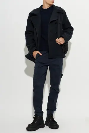 Stone Island Wool Coat With Open Lapels - Black