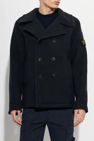Stone Island Wool Coat With Open Lapels - Black