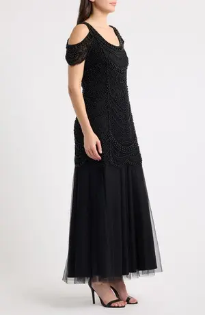 Pisarro Nights Beaded Cold Shoulder Gown