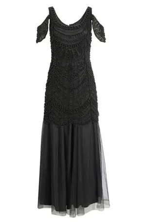 Pisarro Nights Beaded Cold Shoulder Gown