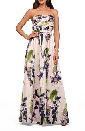 KAY UNGER Ida Floral Print Strapless Gown - Champagne Multi