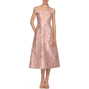 KAY UNGER Alina Metallic Floral Jacquard Off The Shoulder Midi Cocktail Dress - Pink Multi