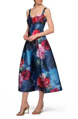 KAY UNGER Adria Floral Pleated Mikado Midi Cocktail Dress