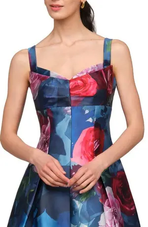 KAY UNGER Adria Floral Pleated Mikado Midi Cocktail Dress