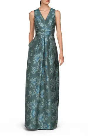 KAY UNGER Cameron Floral Jacquard Sleeveless Gown - Deep Teal Multi