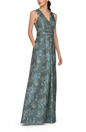 KAY UNGER Cameron Floral Jacquard Sleeveless Gown