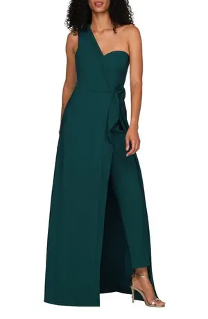 KAY UNGER Ruth One-shoulder Walk-thru Stretch Crepe Jumpsuit - Deep Teal