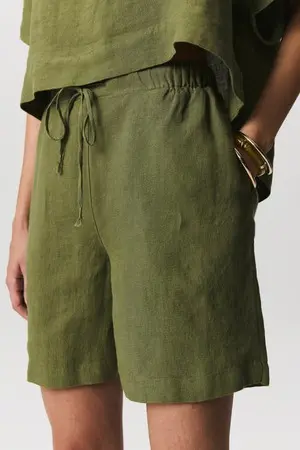BULDAN'S Liya Elastic Waist Linen Shorts - Green