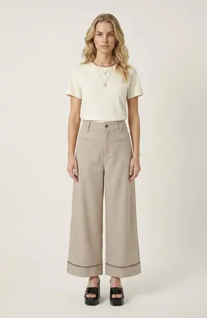 MODENAIRE High Waist Wide Leg Pants With Embroidered Hem And Patch Pockets