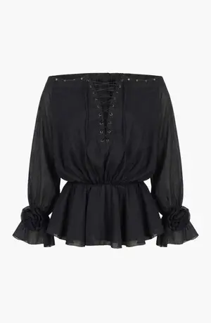 MODENAIRE Elegant Lace-up Peplum Blouse With Long Sleeves - Black