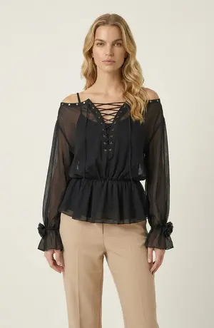 MODENAIRE Elegant Lace-up Peplum Blouse With Long Sleeves - Black