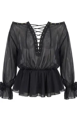 MODENAIRE Elegant Lace-up Peplum Blouse With Long Sleeves - Black