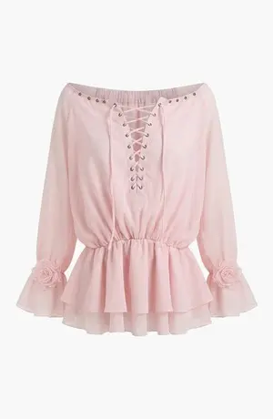 MODENAIRE Elegant Lace-up Peplum Blouse With Long Sleeves Pink