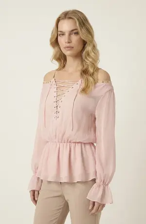 MODENAIRE Elegant Lace-up Peplum Blouse With Long Sleeves - Pink