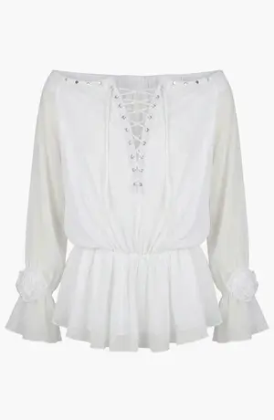 MODENAIRE Elegant Lace-up Peplum Blouse With Long Sleeves White