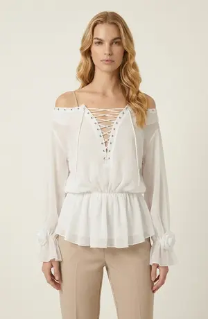 MODENAIRE Elegant Lace-up Peplum Blouse With Long Sleeves - White