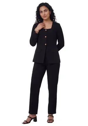 JESSICA LONDON Stretch Crepe Square Neck Pantsuit - Black