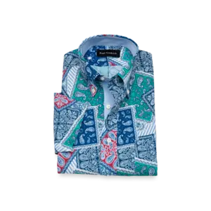 PAUL FREDRICK Cotton Buttondown Collar Poplin Classic Contrast Trim Hemmed Sleeve Short Sleeve Shirt - Blue Multi