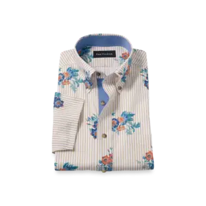 PAUL FREDRICK Cotton Buttondown Collar Poplin Classic Contrast Trim Hemmed Sleeve Short Sleeve Shirt - Tan Multi