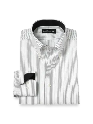 PAUL FREDRICK Cotton Buttondown Collar Poplin Slim Contrast Trim Button Cuff Long Sleeve Shirt - Black