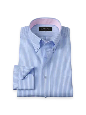 PAUL FREDRICK Cotton Buttondown Collar Poplin Slim Contrast Trim Button Cuff Long Sleeve Shirt - Blue