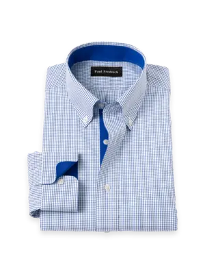 PAUL FREDRICK Cotton Buttondown Collar Poplin Slim Contrast Trim Button Cuff Long Sleeve Shirt - Navy