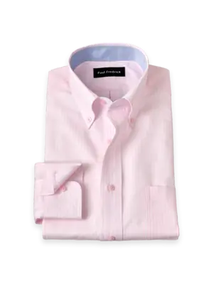 PAUL FREDRICK Cotton Buttondown Collar Poplin Slim Contrast Trim Button Cuff Long Sleeve Shirt - Pink