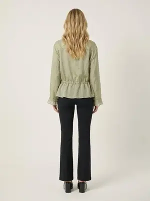MODENAIRE Embroidered Ruffle Trim Blouse With Drawstring Waist And Flared Cuffs