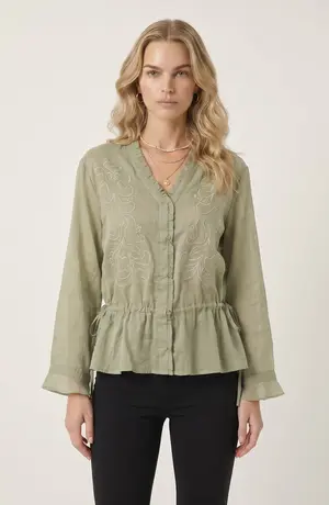 MODENAIRE Embroidered Ruffle Trim Blouse With Drawstring Waist And Flared Cuffs - Green