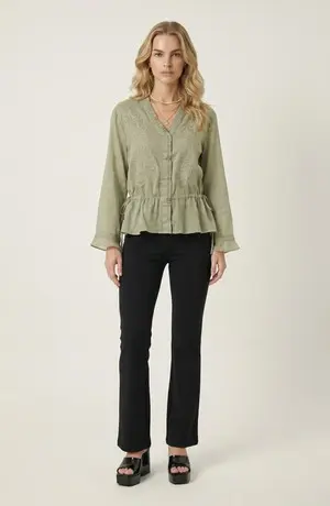 MODENAIRE Embroidered Ruffle Trim Blouse With Drawstring Waist And Flared Cuffs