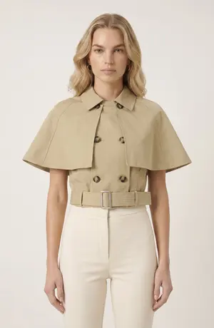 MODENAIRE Convertible Cape Trench Vest With Double Breasted Front And Belt - Khaki
