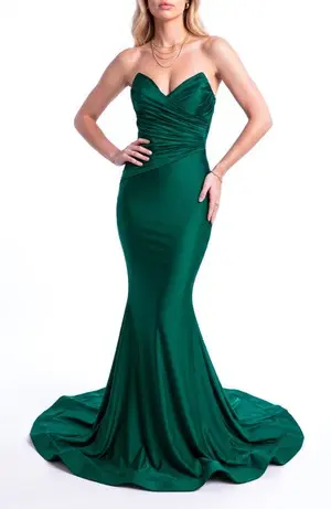 JESSICA ANGEL Strapless Ruched Sweetheart Mermaid Evening Gown - Forest Green