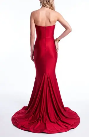 JESSICA ANGEL Strapless Ruched Sweetheart Mermaid Evening Gown - Red