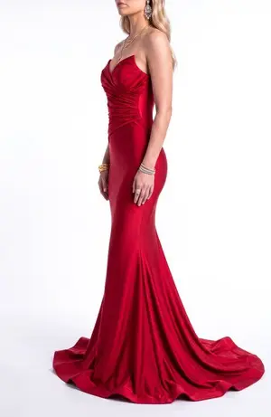 JESSICA ANGEL Strapless Ruched Sweetheart Mermaid Evening Gown - Red