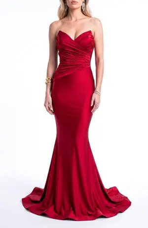 JESSICA ANGEL Strapless Ruched Sweetheart Mermaid Evening Gown - Red