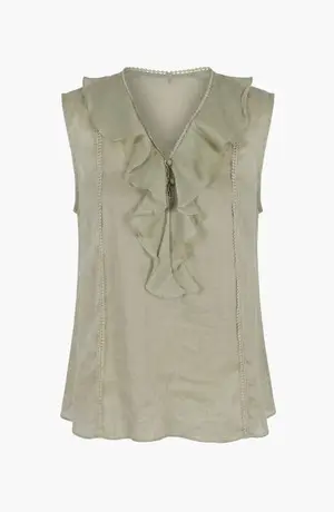 MODENAIRE Sleeveless Ruffle Front Blouse With Lace Inset Trim And V Neckline - Green