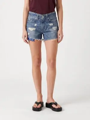 HTC LOS ANGELES Studded Denim Shorts With Bandana Print - Blue