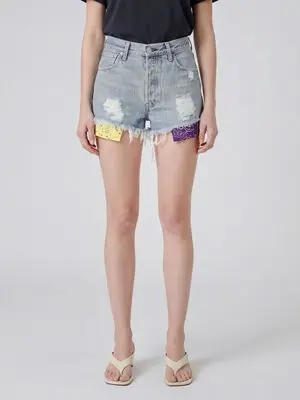 HTC LOS ANGELES High-waisted Shorts With Raw-cut Hem And Bandana Motif - Denim