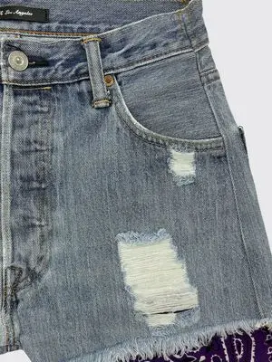 HTC LOS ANGELES High-waisted Shorts With Raw-cut Hem And Bandana Motif - Denim